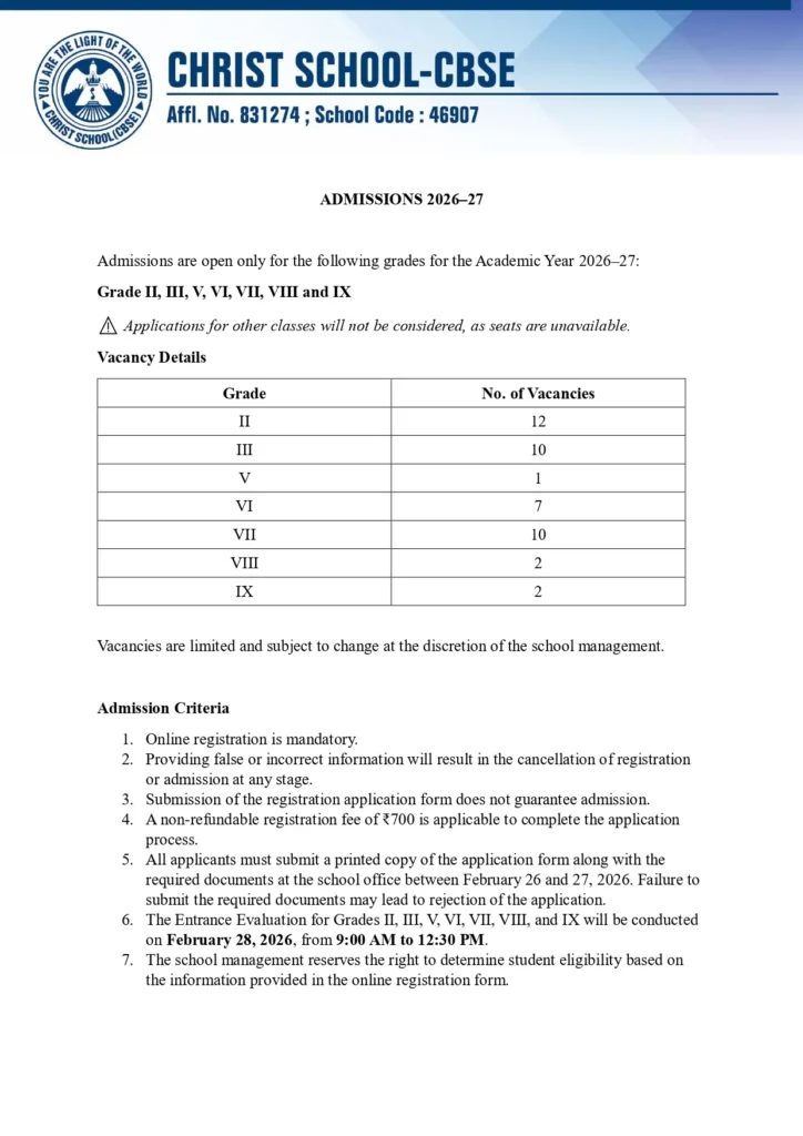 Admissions Guidelines – Christ School CBSE – Bangalore